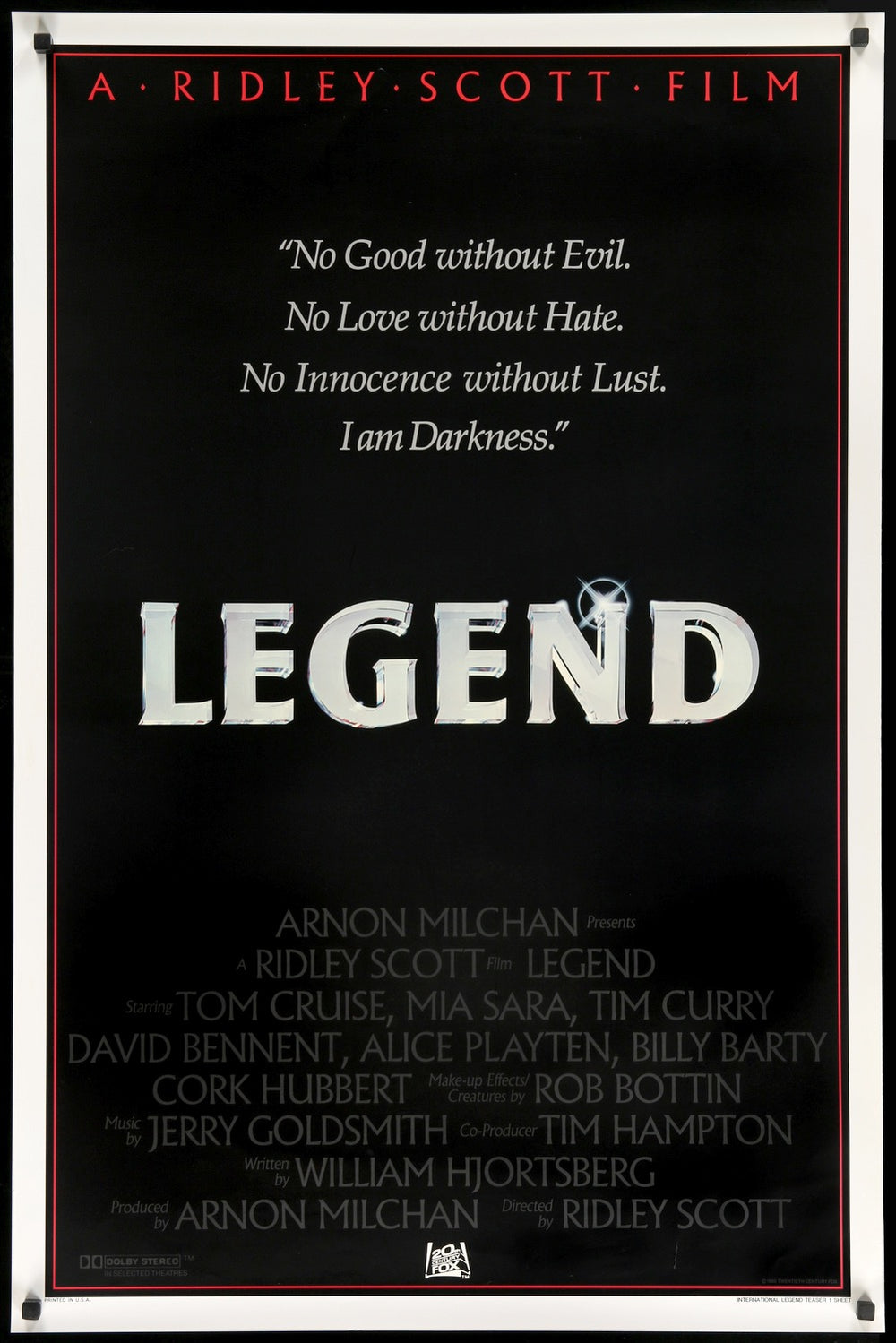 Legend (1985) Original Teaser One-Sheet Movie Poster - Original Film ...