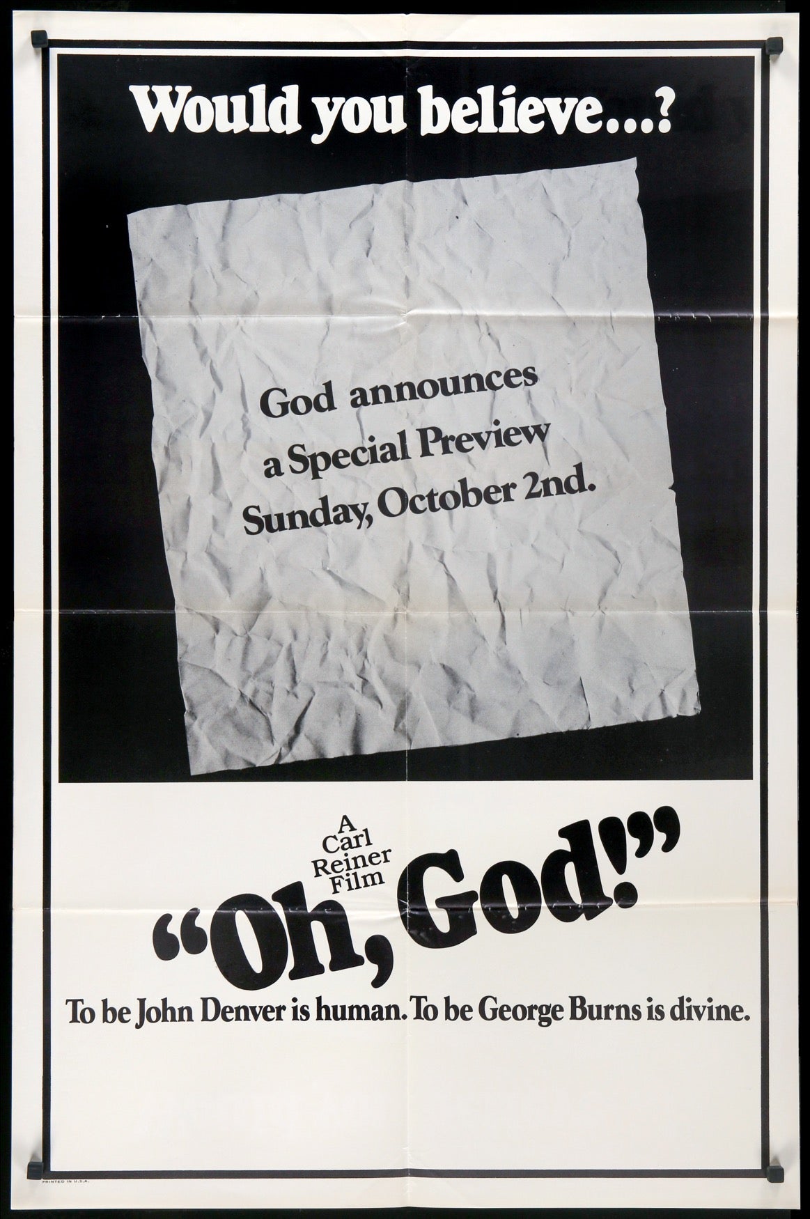 Oh, God! (1977) Original Teaser One-Sheet Movie Poster - Original Film Art - Vintage Movie Posters